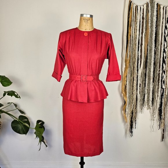 Dresses | Vintage Red Peplum Dress With Belt Made In Usa | Poshmark